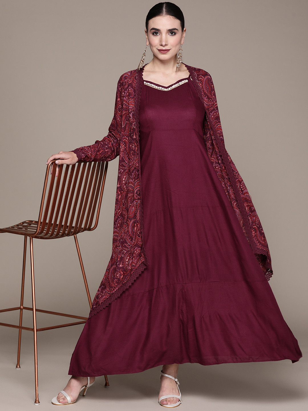 Buy Aarke Ritu Kumar Burgundy Solid Maxi Dress With Shrug - Dresses for ...