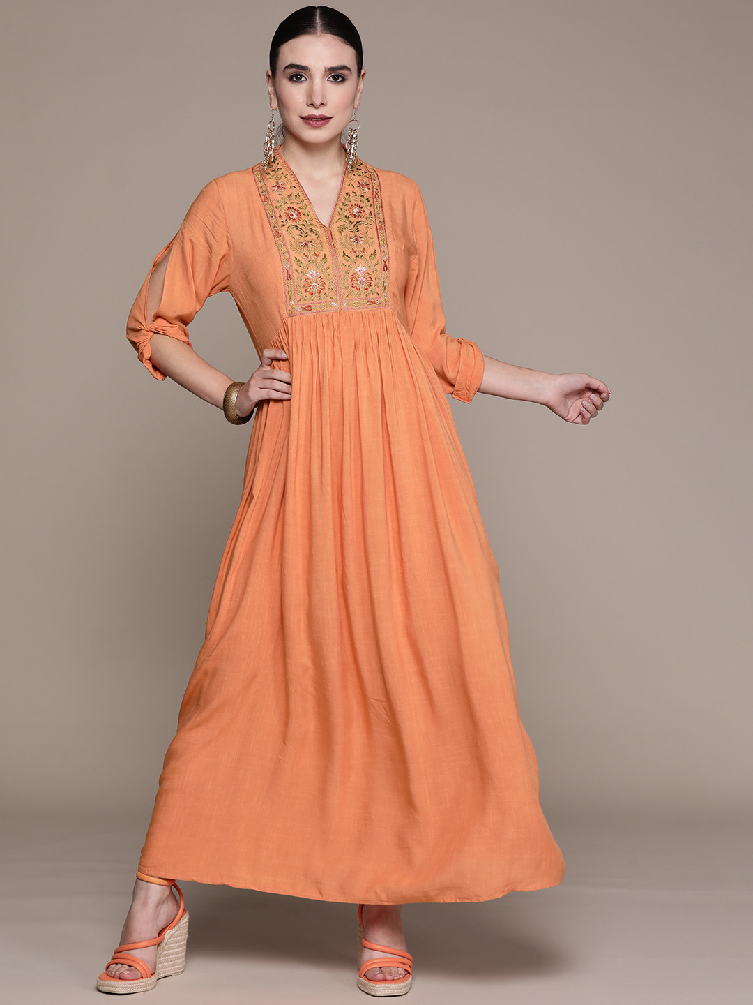 Buy Aarke Ritu Kumar Peach Coloured Yoke Embroidered Maxi Ethnic Dress ...