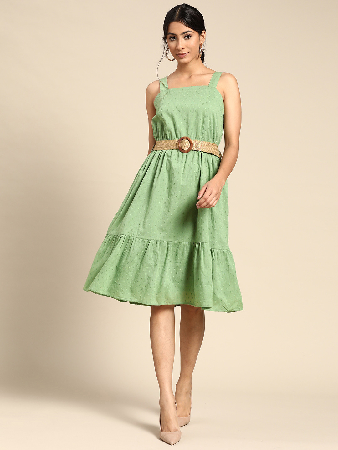 Buy All About You Green Dobby Weave Tiered Cotton Dress - Dresses for ...