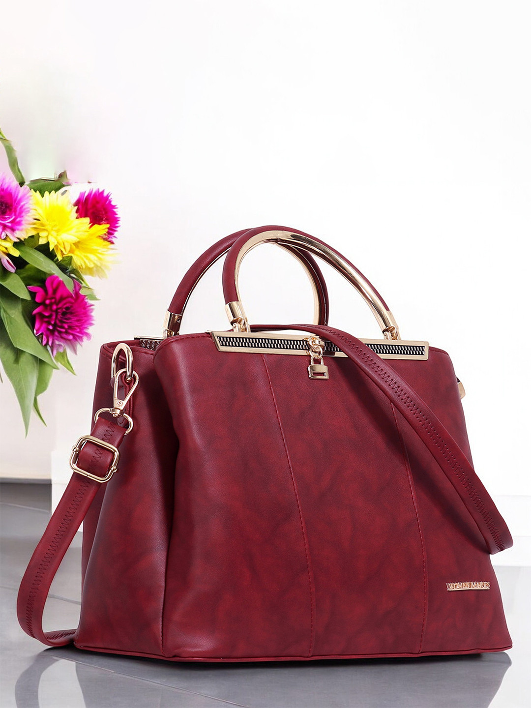Buy WOMEN MARKS Maroon Textured PU Oversized Structured Handheld Bag ...