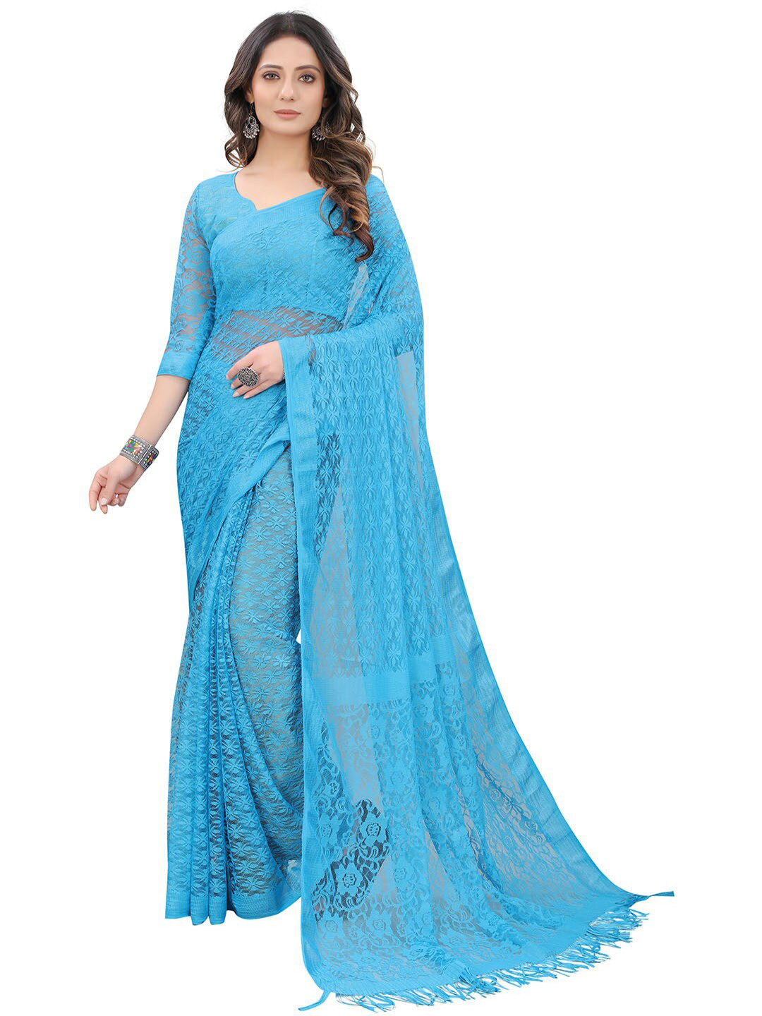 Buy Dhyey Fashion Blue Floral Brasso Saree - Sarees for Women 19191750 ...
