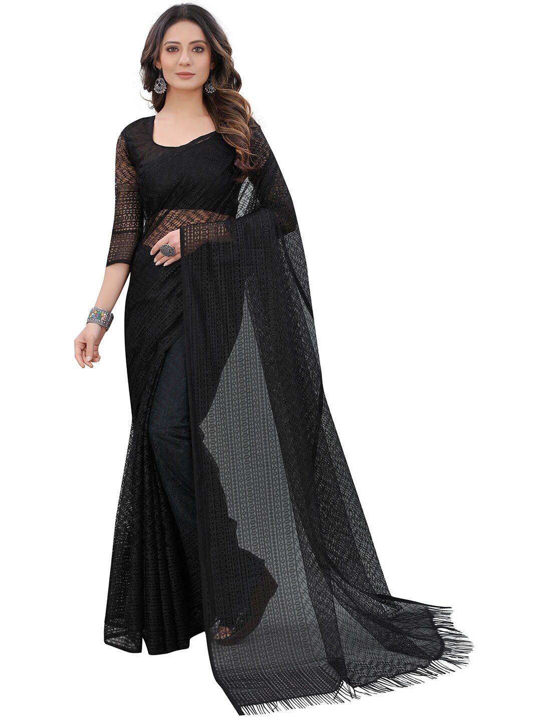 Buy Dhyey Fashion Black Woven Design Brasso Saree - Sarees for Women ...