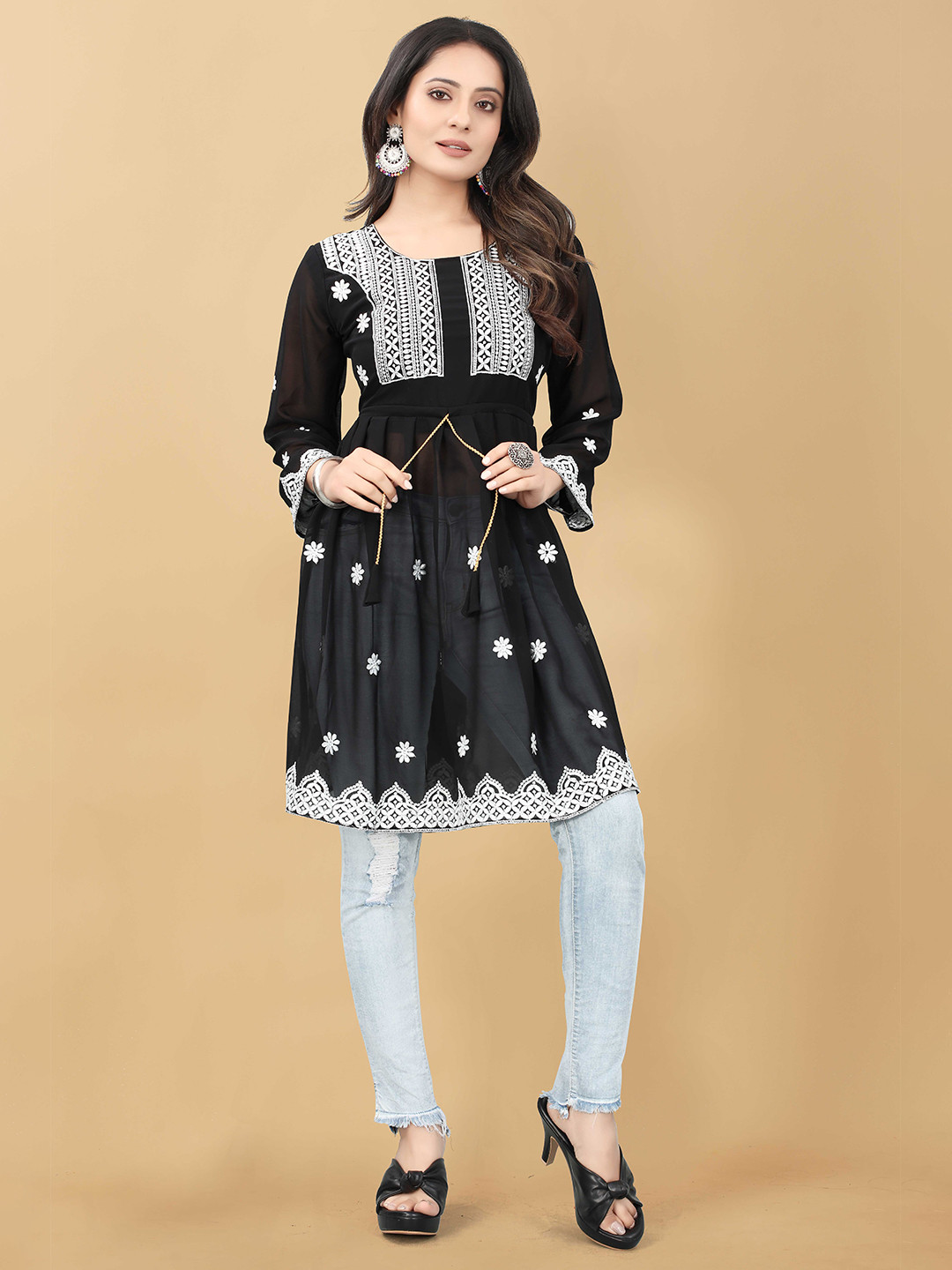 Buy PRASTHAN Women Black Geometric Embroidered Georgette Longline Top ...
