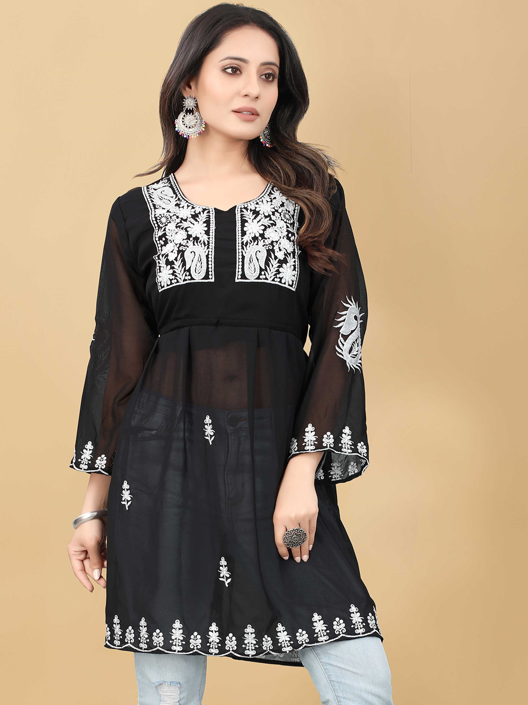 Buy PRASTHAN Women Black Floral Embroidered Longline Top - Tops for ...