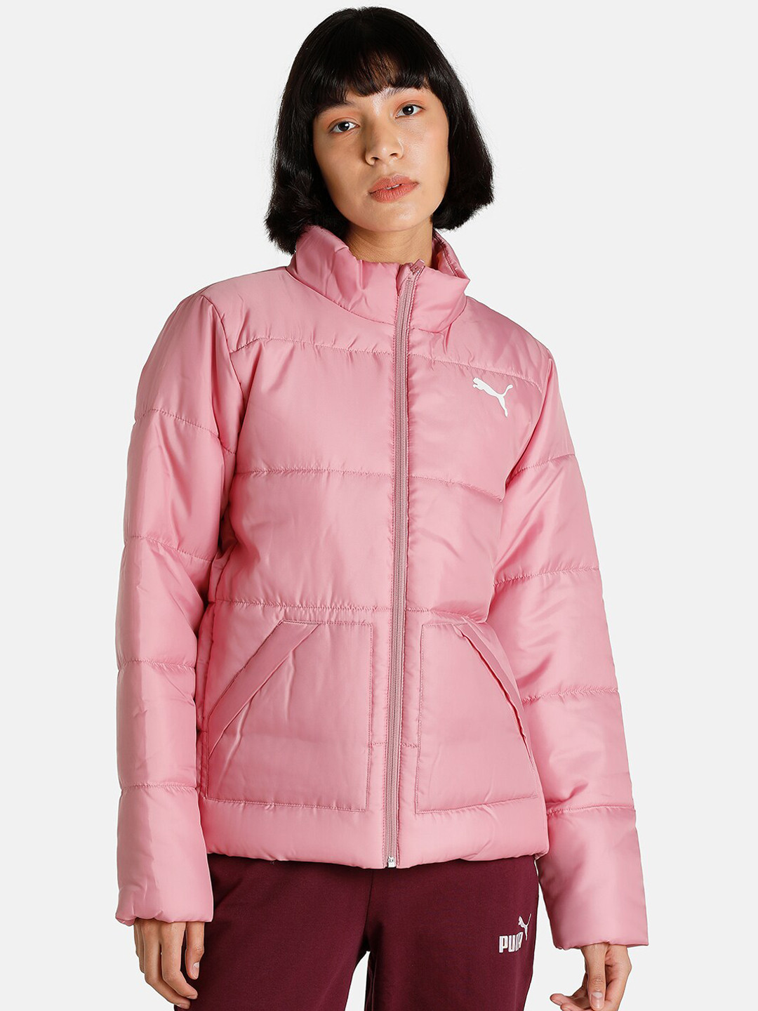Buy Puma Women Pink & White Brand Logo Striped ESS+ Padded Jacket ...