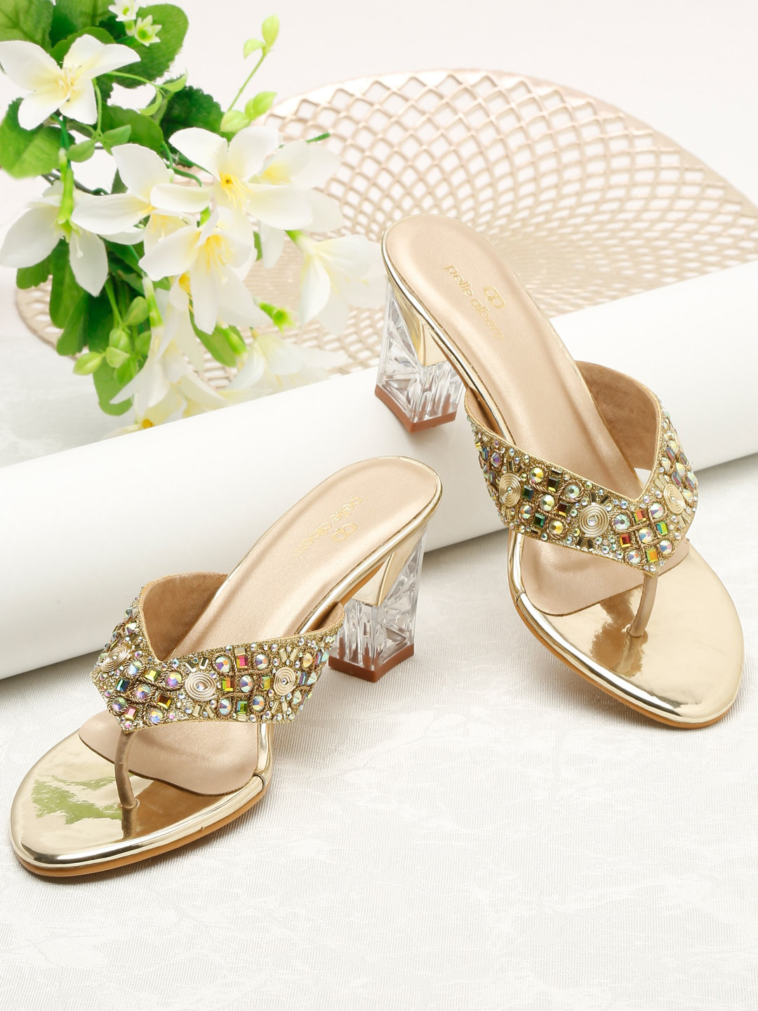 Buy Pelle Albero Gold Toned Embellished Party High Top Block Pumps ...