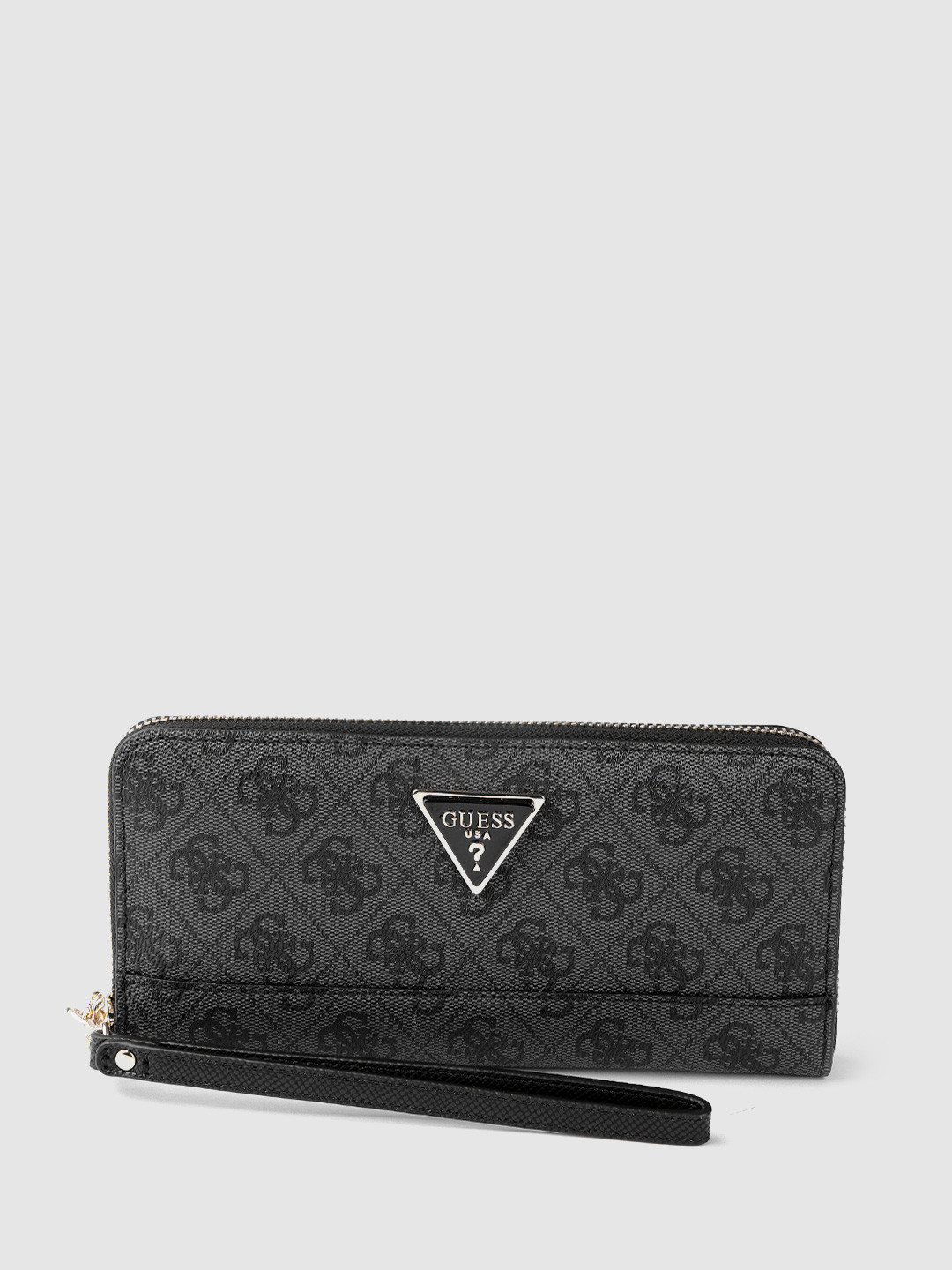 Buy GUESS Women Charcoal Grey & Black Typography Printed Zip Around ...