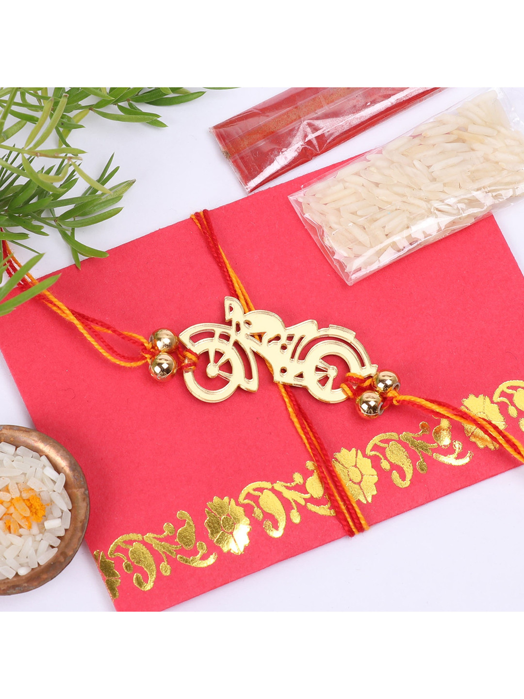 Buy The Magic Wand Boys Gold Toned & Red Bike Laser Cut Rakhi With Roli ...
