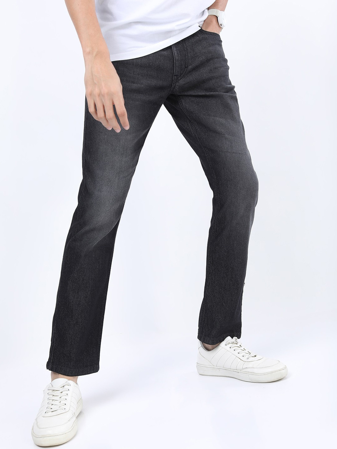 Buy KETCH Men Charcoal Straight Fit Low Distress Light Fade Stretchable ...