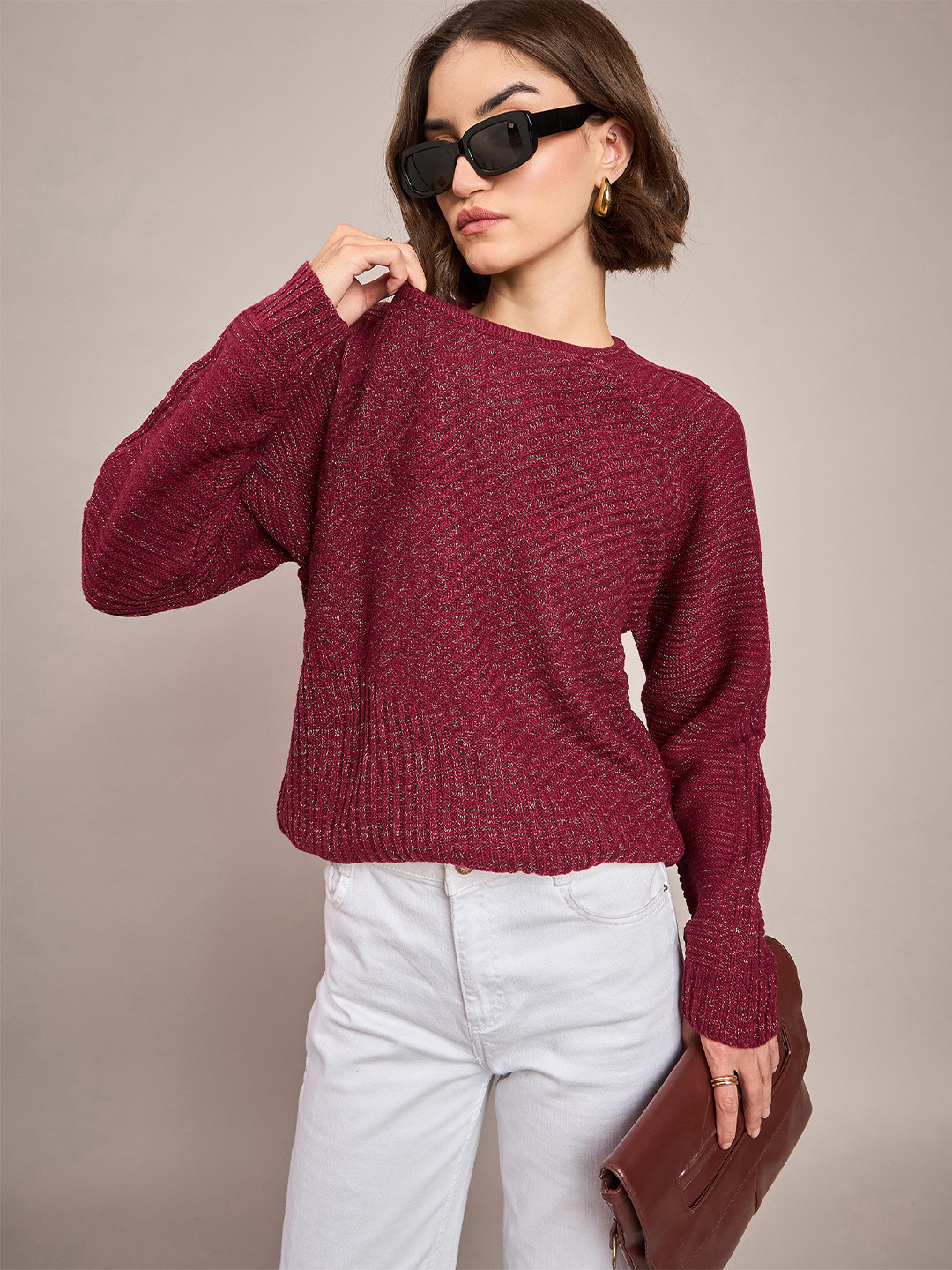 Buy SASSAFRAS Women Maroon Rib Knit Round Neck Full Sleeves Sweater ...