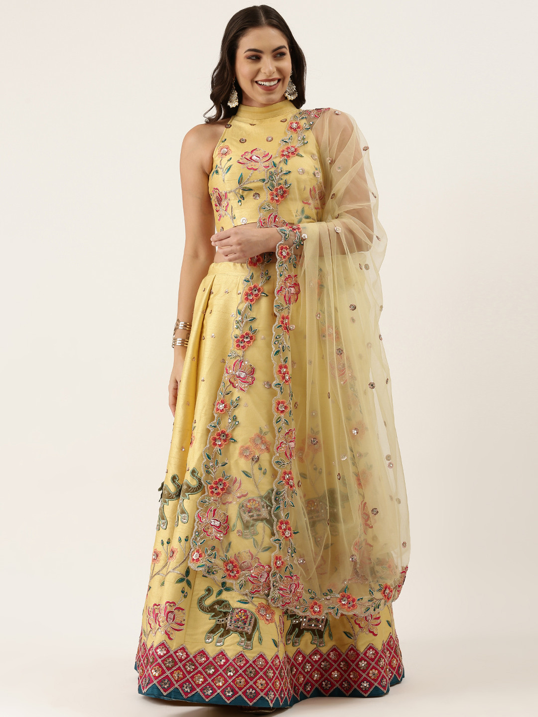 Buy Panchhi Yellow Embellished Sequinned Semi Stitched Lehenga ...
