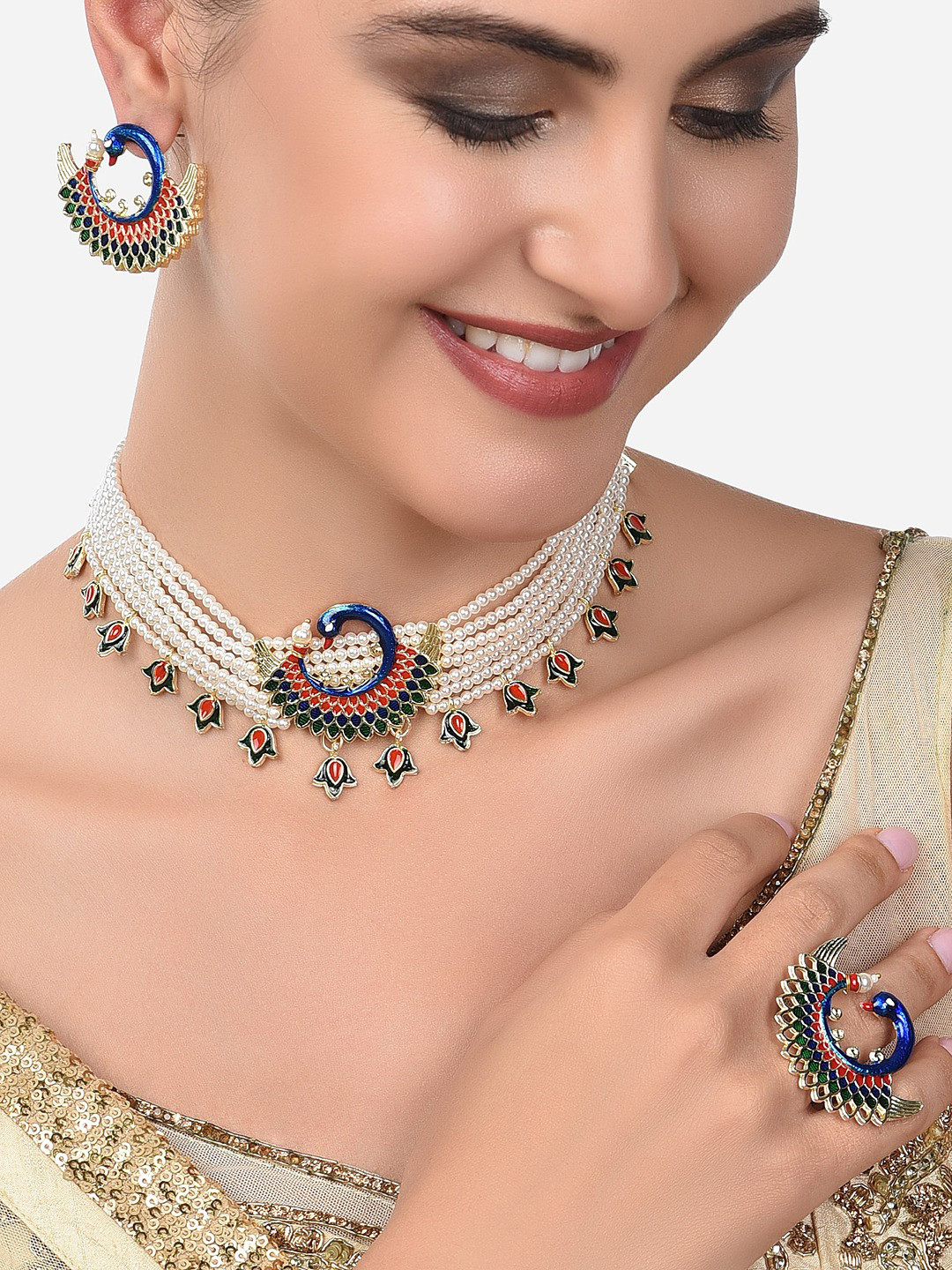 Buy Zaveri Pearls Gold Plated Blue & Green Pearl Studded Jewellery Set ...