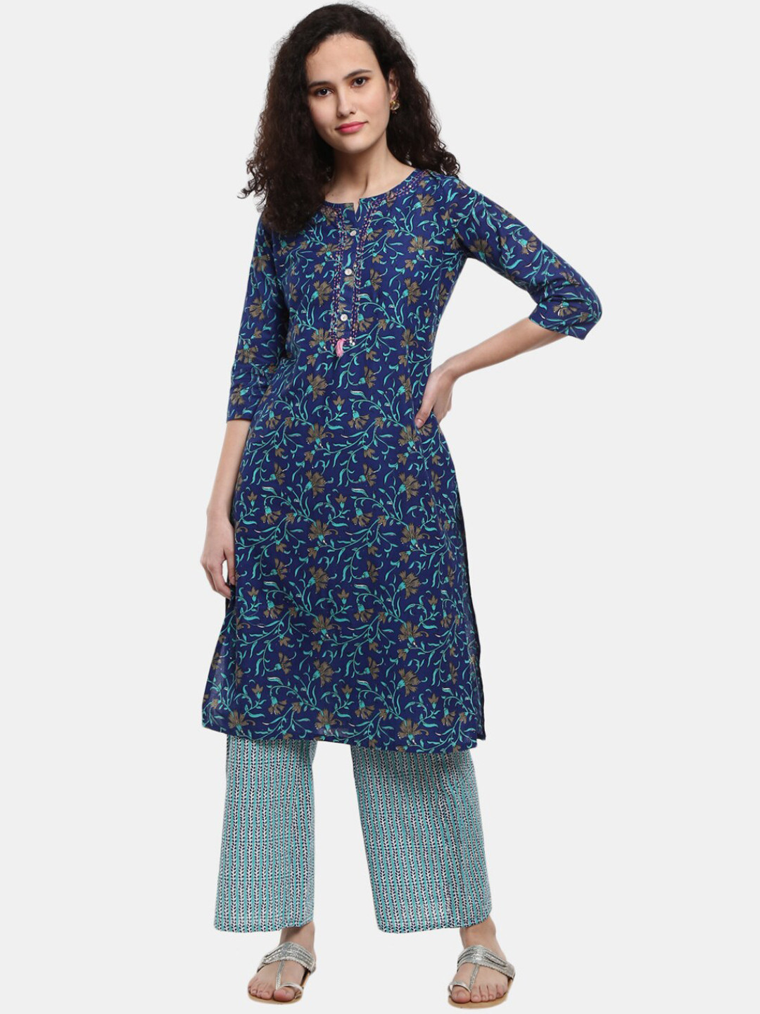 Buy Desi Mix Women Blue Floral Printed Kurta With Palazzos - Kurta Sets ...