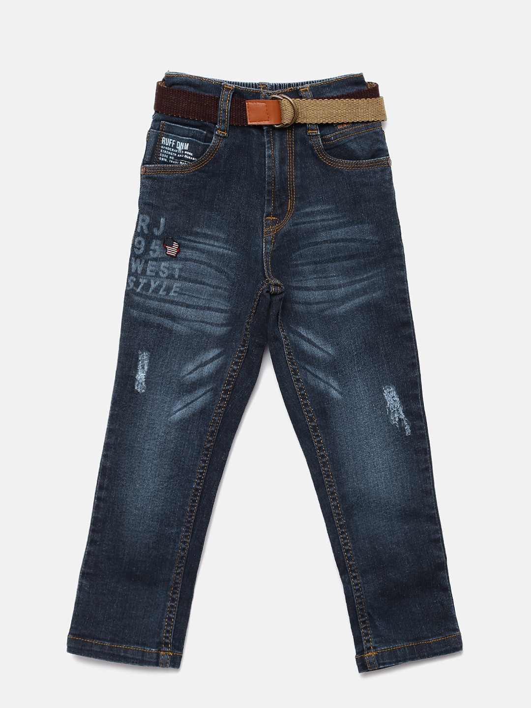Buy RUFF Boys Dark Blue Mid Rise Low Distress Jeans With Belt - Jeans ...