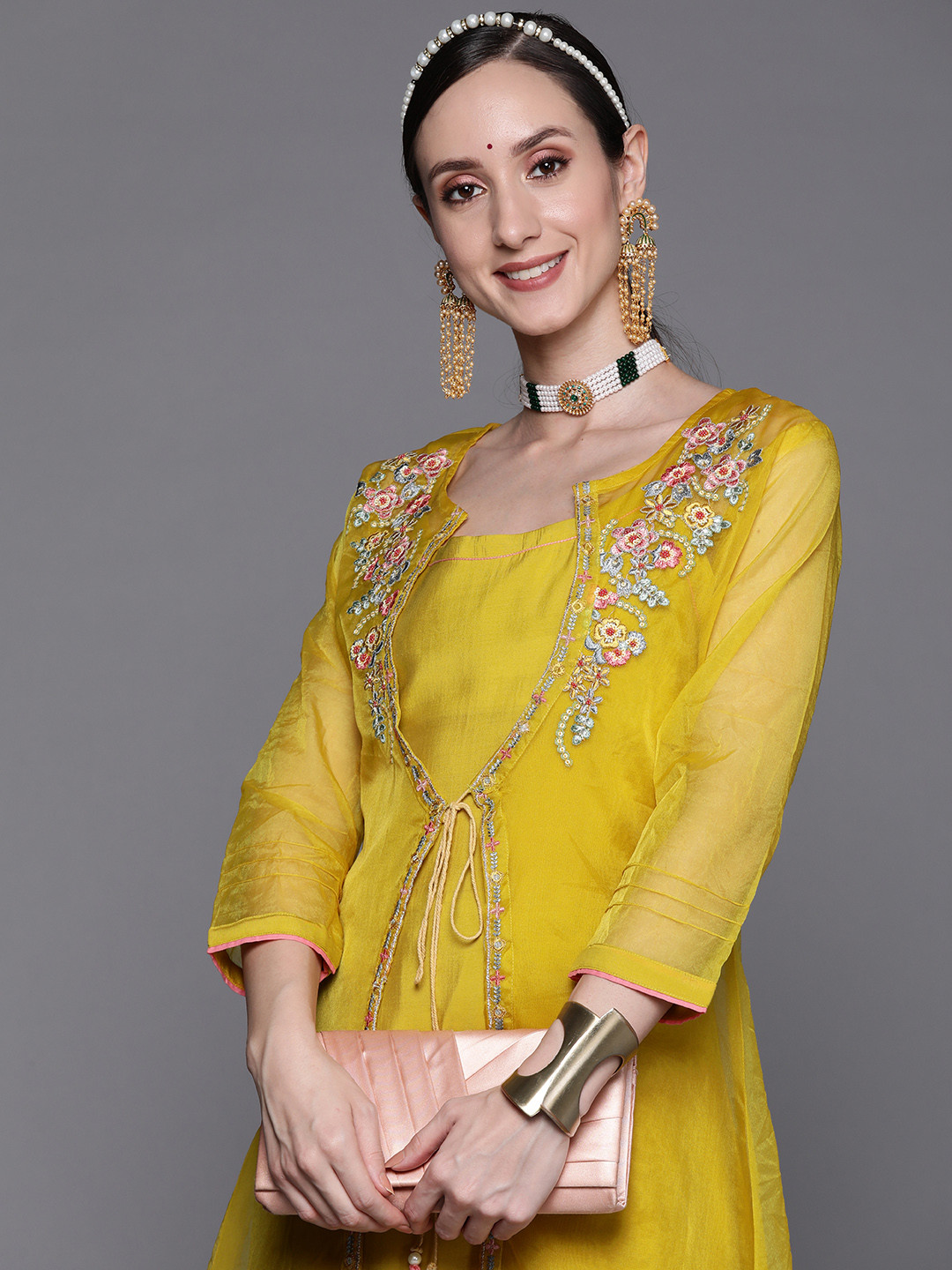 Buy Indo Era Women Mustard Yellow Embroidered Kurta With Trousers & Ethnic Jacket - Kurta Sets ...