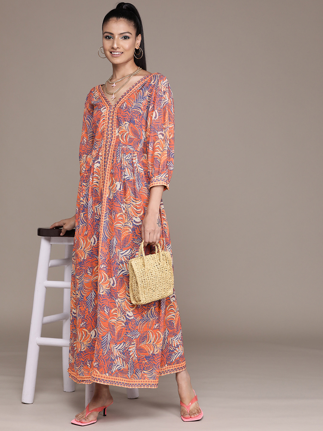 Buy Label Ritu Kumar Orange & Off White Tropical Printed Maxi Dress ...
