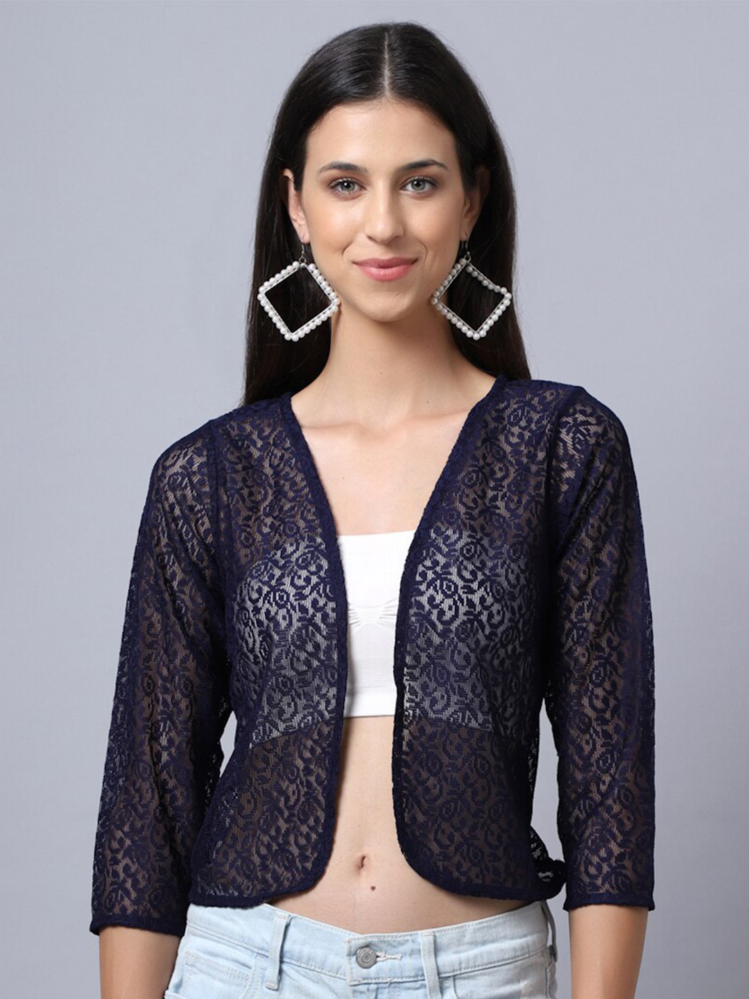 Buy Rute Women Navy Blue Self Design Cotton Shrug - Shrug for Women ...