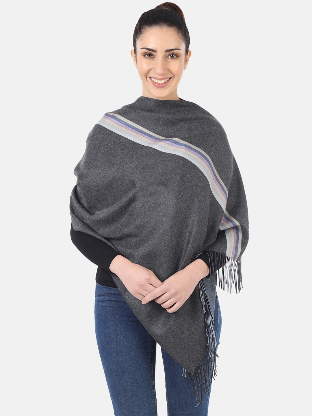 Buy MUFFLY Women Grey & White Woven Design Stole - Stoles for Women ...