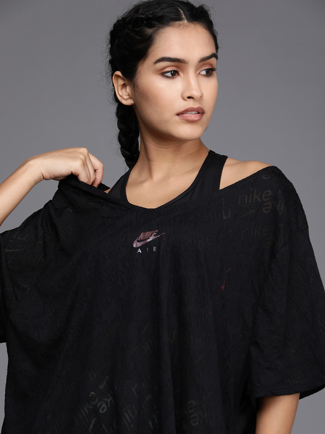 Buy Nike Women Black Self Designed Extended SleevesRunning Dri Fit Top ...