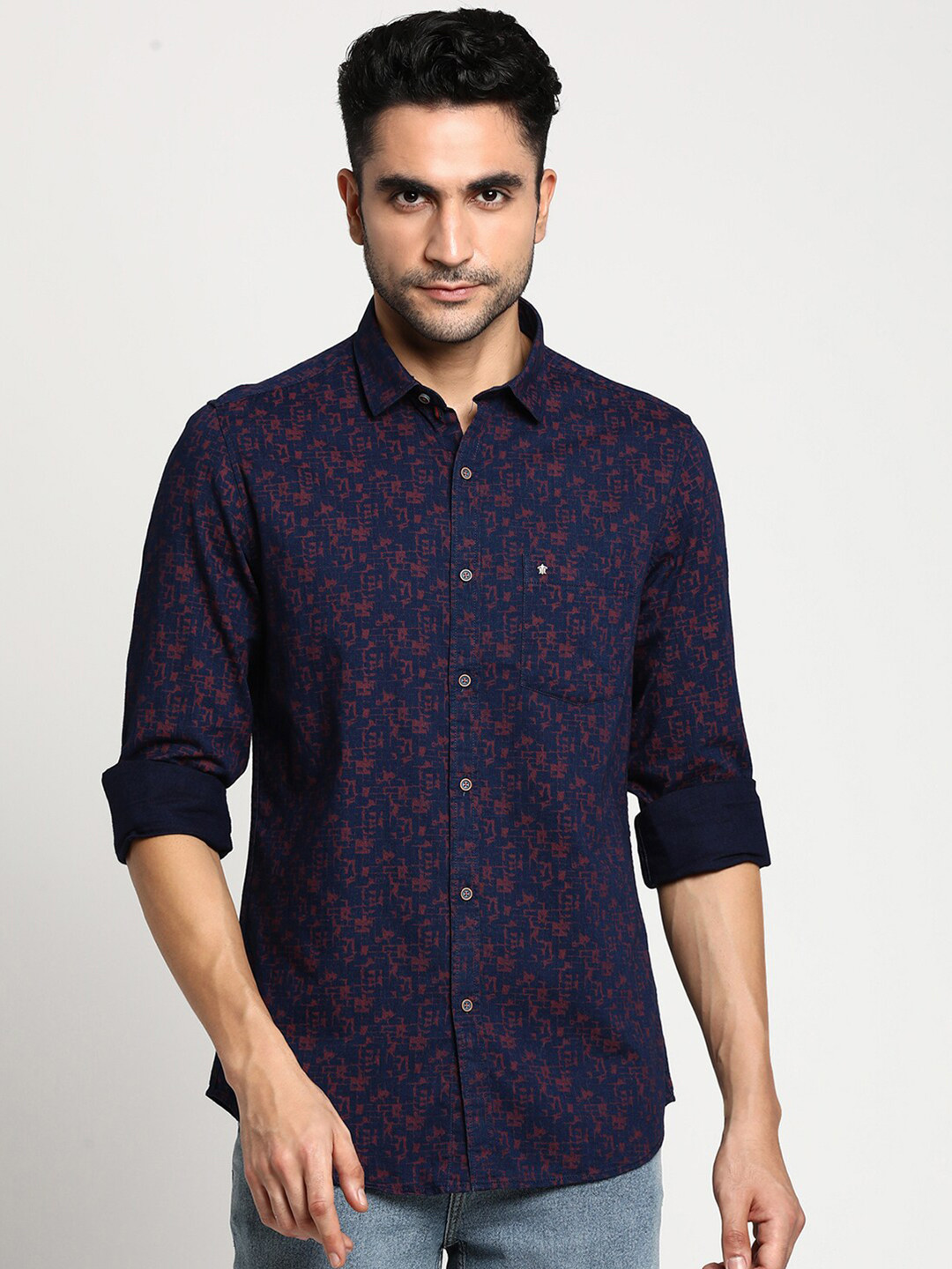 Buy Turtle Men Navy Blue Slim Fit Printed Casual Shirt - Shirts for Men ...