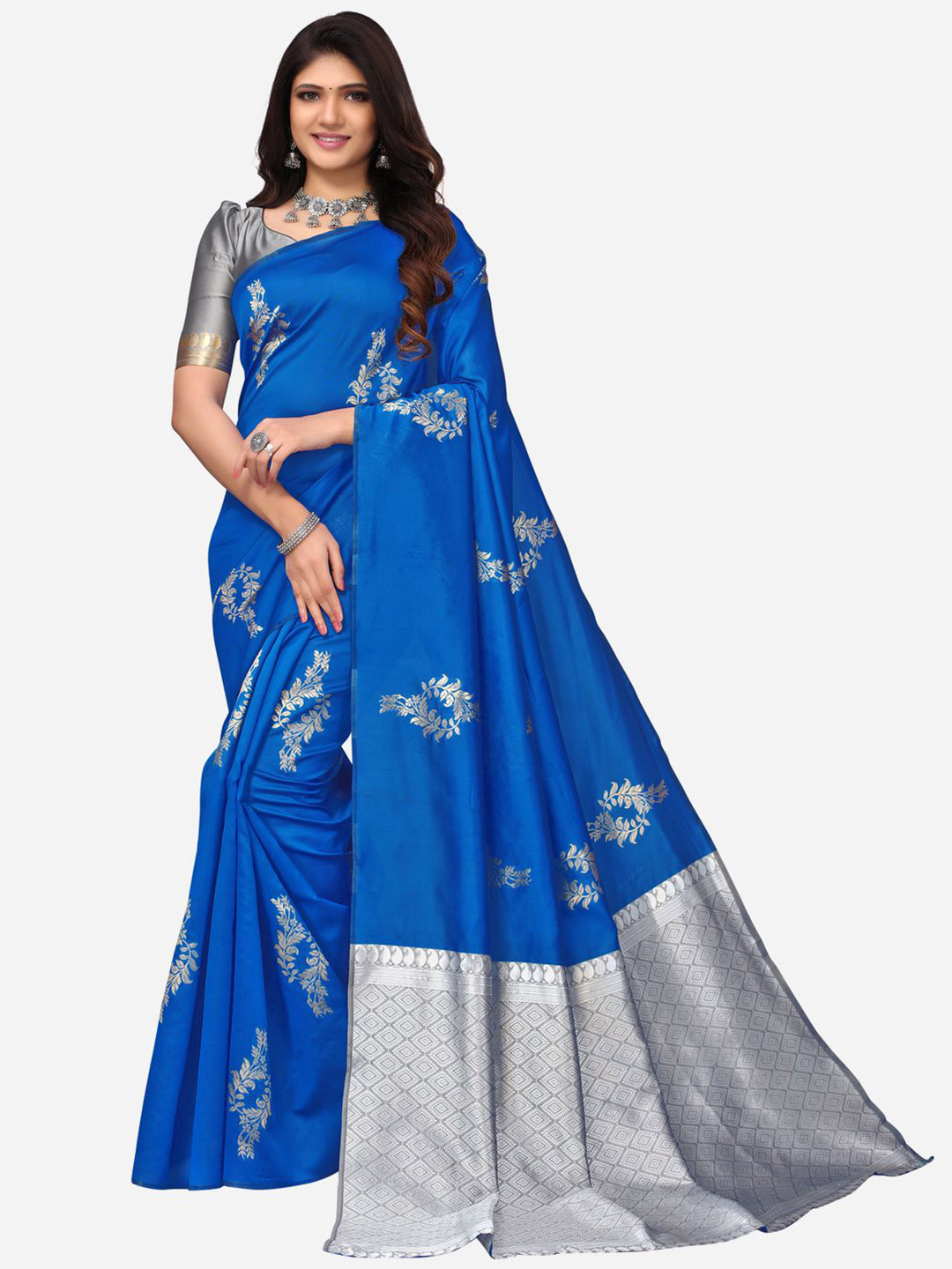 Buy SIRIL Blue & Silver Toned Women Woven Design Zari Saree - Sarees ...