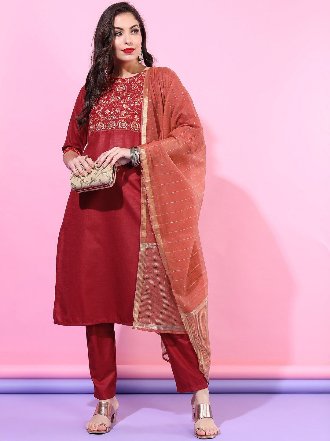 Buy Vishudh Women Red Embroidered Kurti With Trouser & With Dupatta ...
