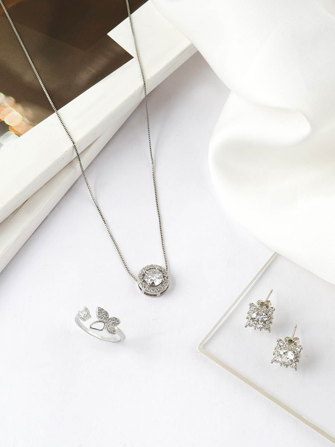 Buy JOKER & WITCH Silver Coloured & White Stone Studded Jewellery Set ...