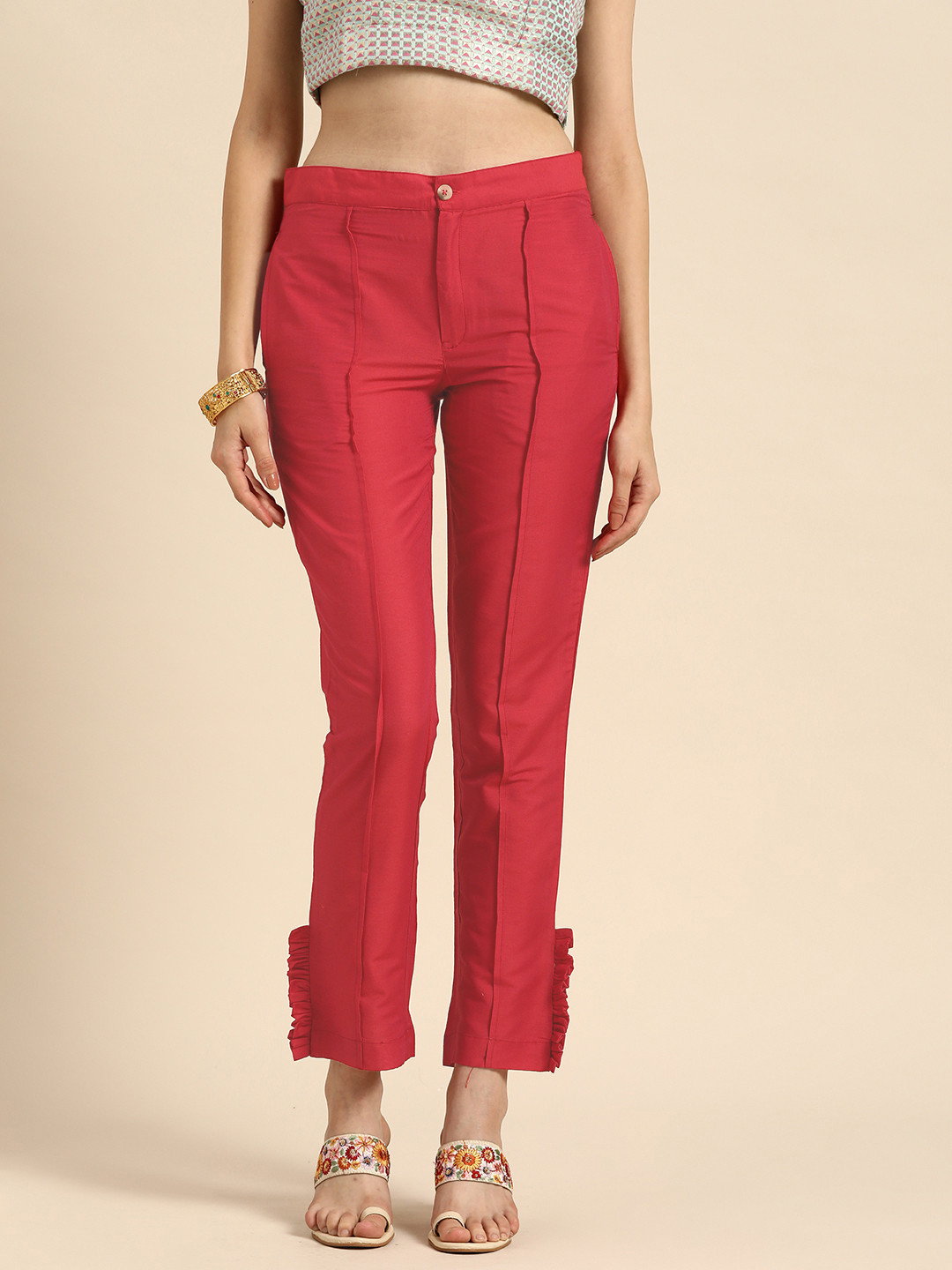 Buy Sangria Women Red Relaxed Straight Leg High Rise Pleated Trousers ...