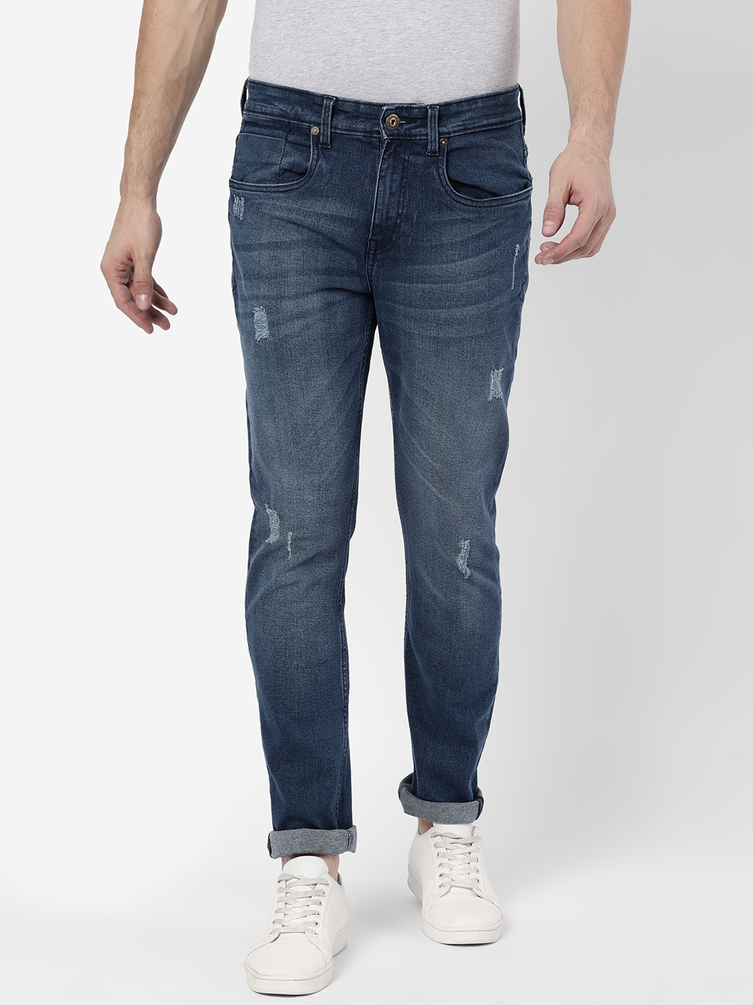 Buy AD By Arvind Men Navy Blue Slim Fit Low Distress Light Fade Jeans ...
