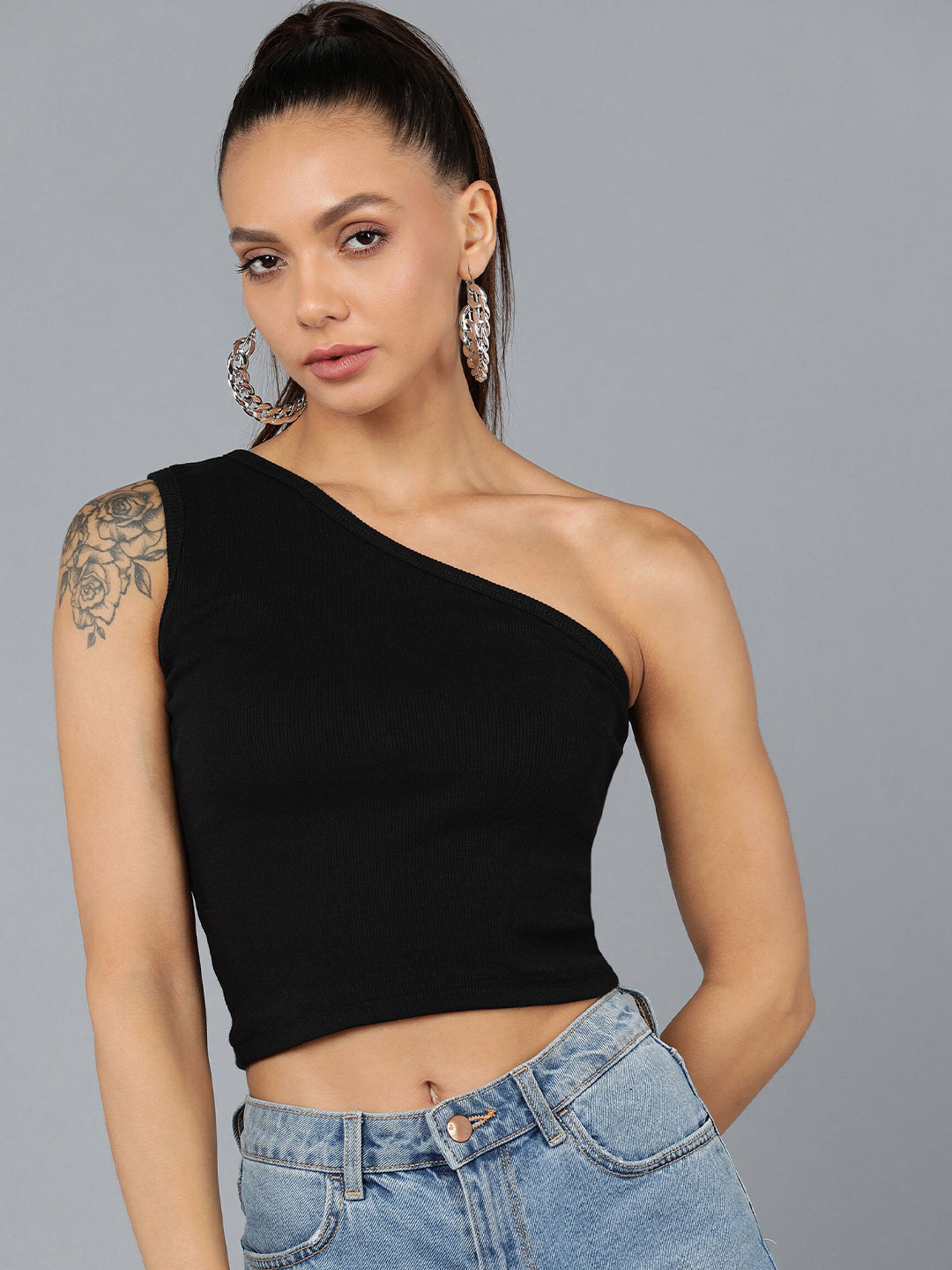 Buy Rock Paper Scissors Women Black Solid One Shoulder Crop Top - Tops ...