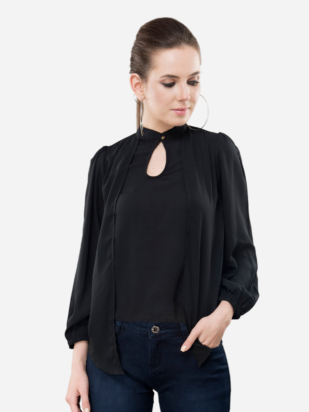 Buy V&M Black Solid Keyhole Neck Georgette Top - Tops for Women ...