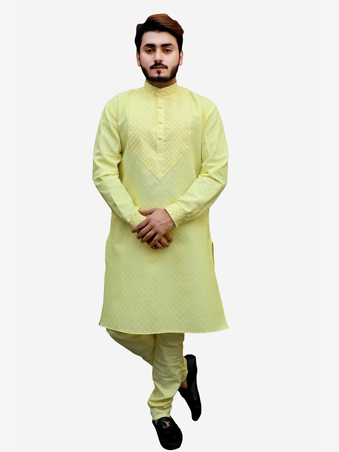 Buy Tibra Collection Men Lime Green Yoke Design Thread Work Pure Cotton ...