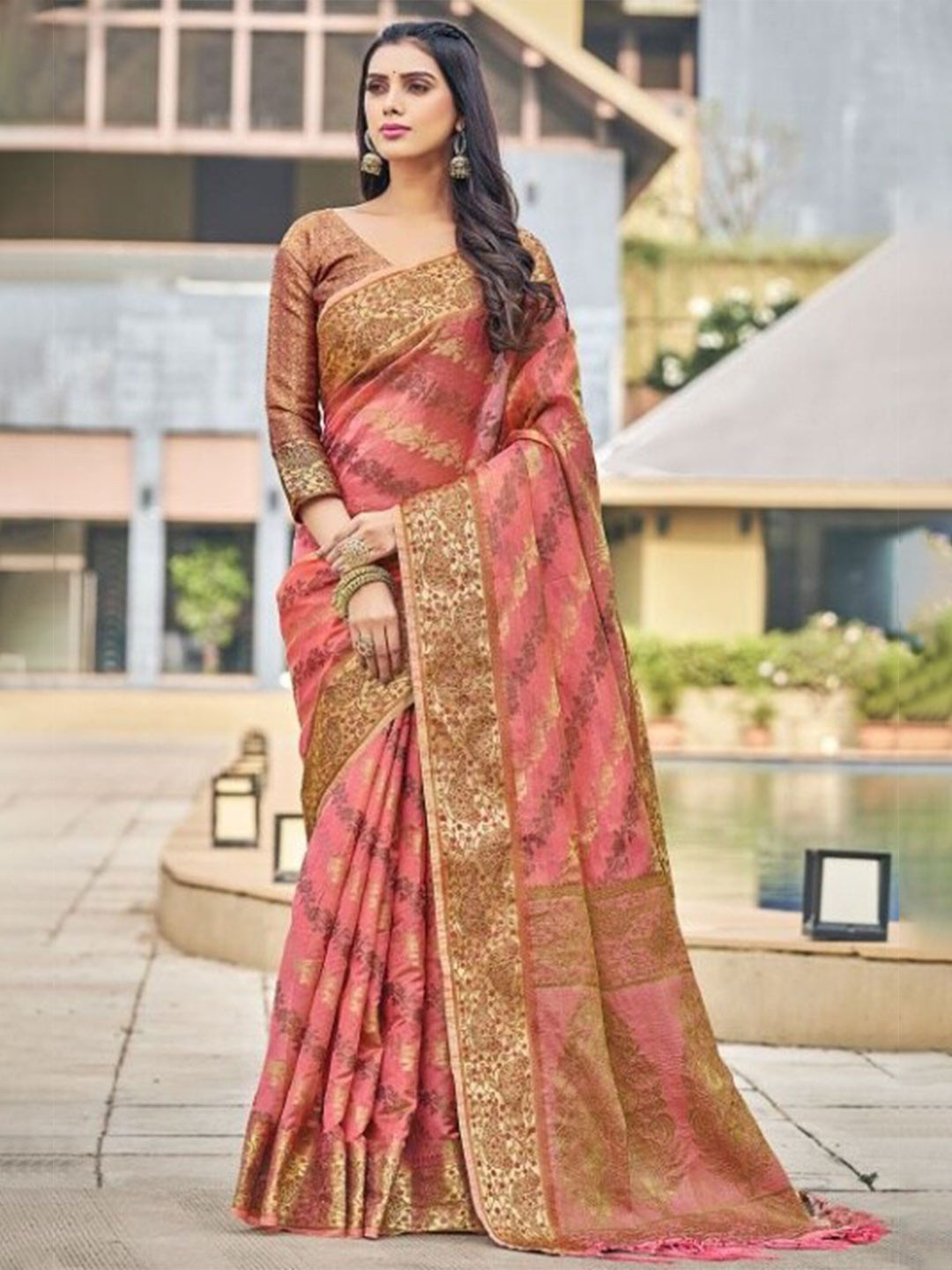 Buy KARAGIRI Pink & Gold Toned Ethnic Motifs Zari Organza Saree ...