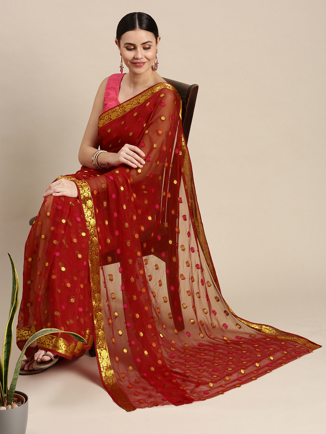 Buy Rani Saahiba Maroon & Golden Zari Woven Chiffon Saree - Sarees for ...