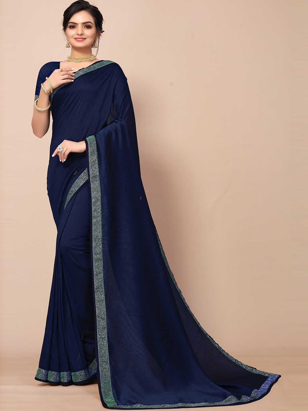 Buy Mitera Women Navy Blue & Silver Toned Sequinned Saree With ...