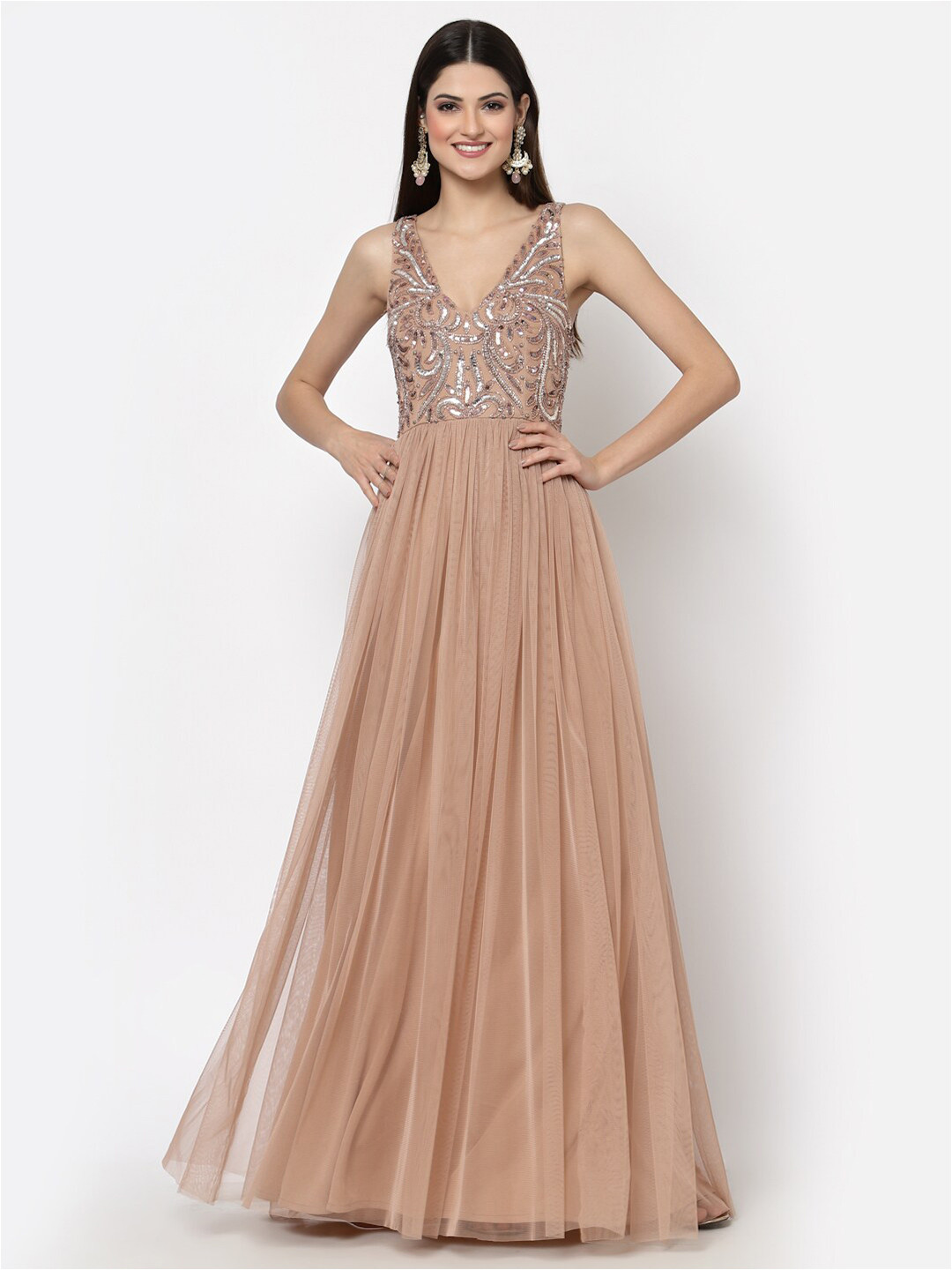 Buy Just Wow Beige Embellished Net Maxi Dress - Dresses for Women ...