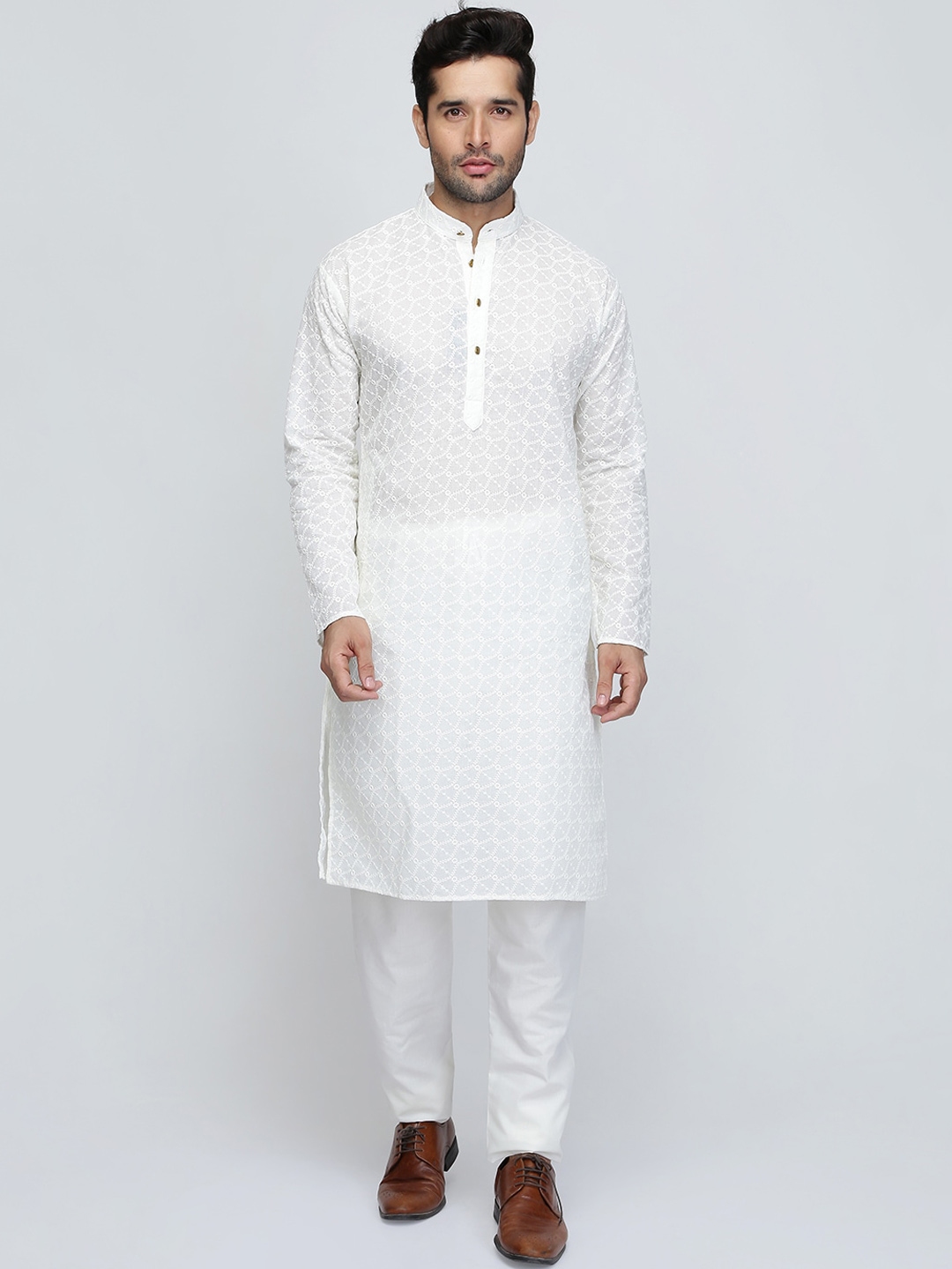 Buy Royal Kurta Mens Cream Coloured Layered Pure Cotton Kurta With