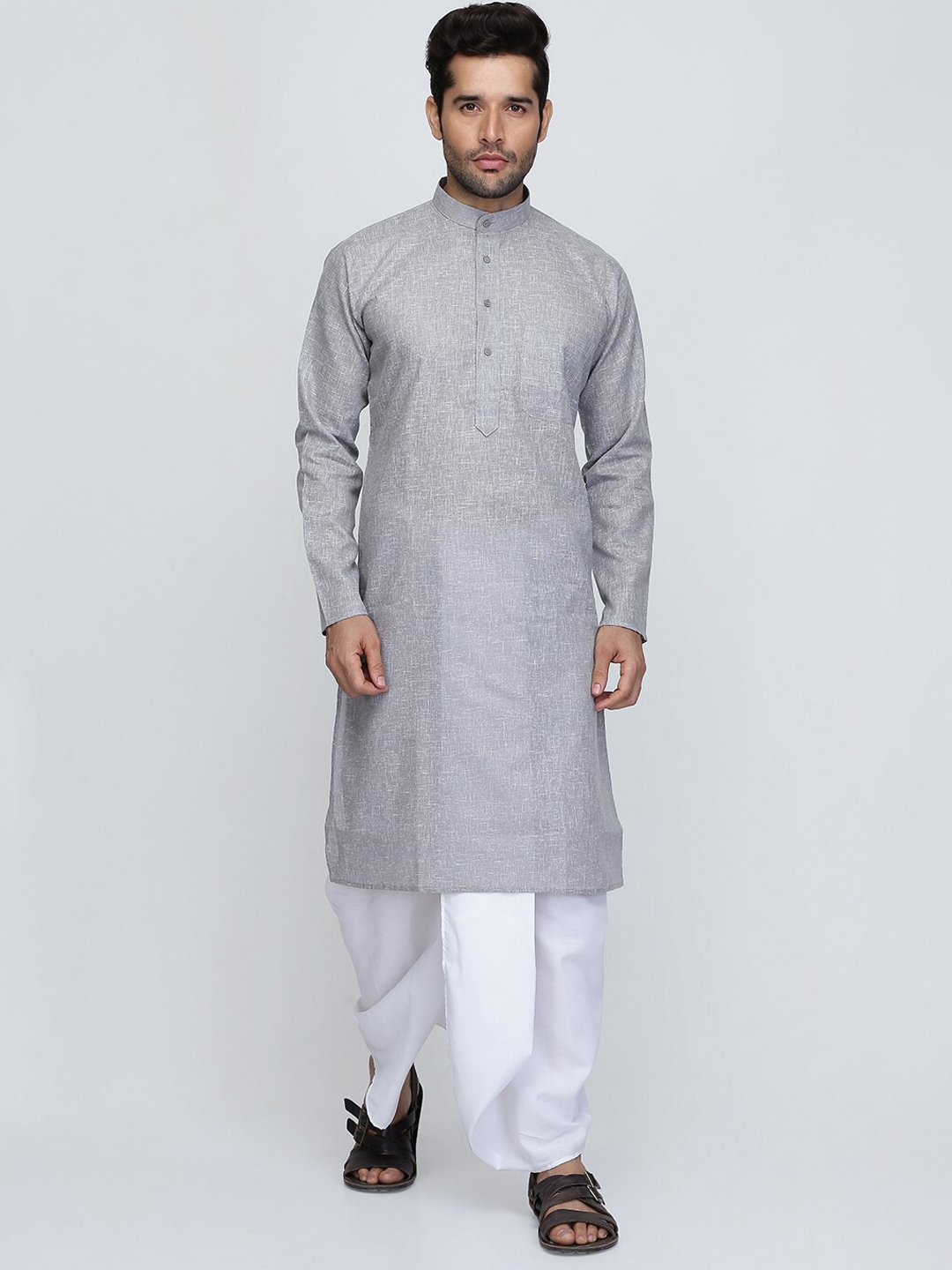 Buy Royal Kurta Men Grey Angrakha Pure Cotton Kurta With Dhoti Pants
