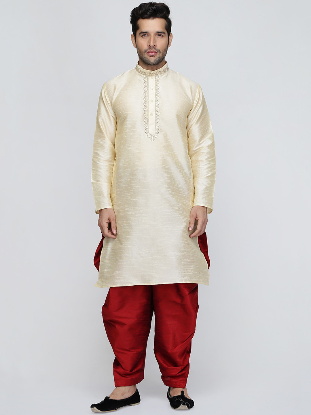 Buy ROYAL KURTA Men Gold Toned Embroidered Dupion Silk Kurta With ...