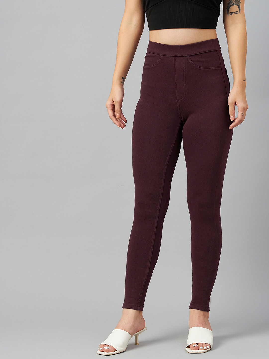 Buy Marks & Spencer Women Burgundy Solid Jeggings - Jeggings for Women ...