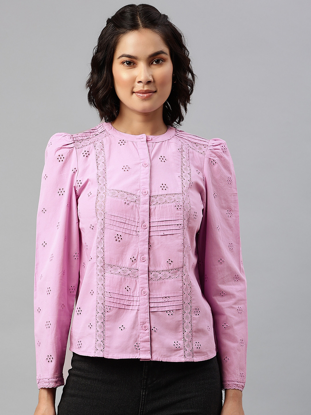 Buy Marks & Spencer Women Pink Pure Cotton Schiffli Floral Casual Shirt ...