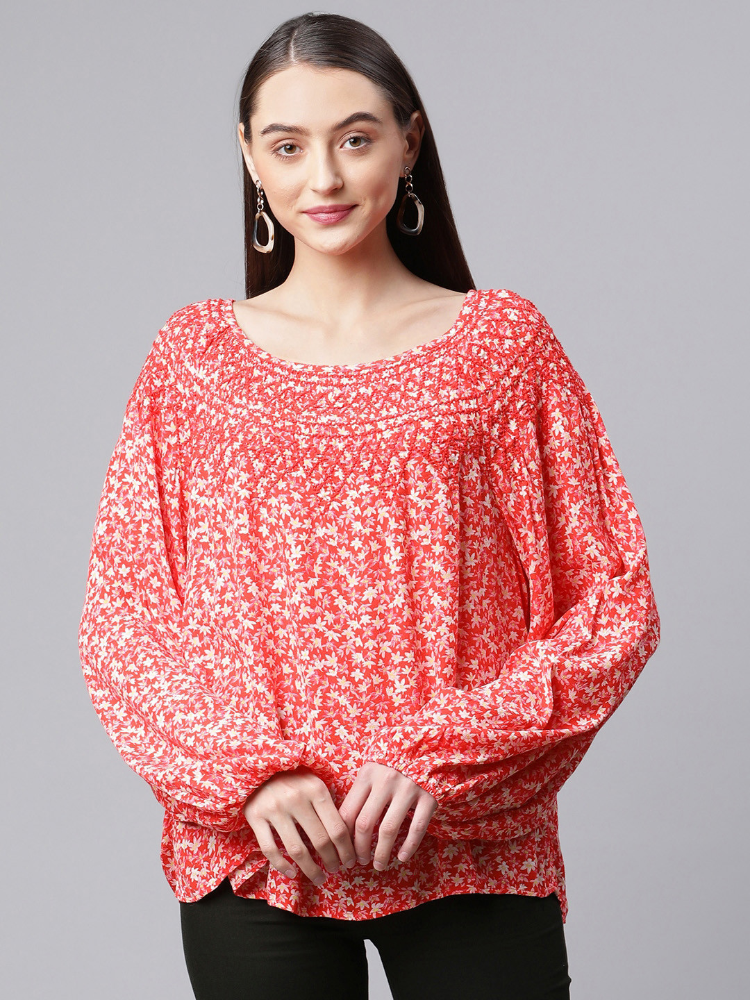 Buy Marks & Spencer Women Red & Pink Floral Print Pure Cotton Top ...