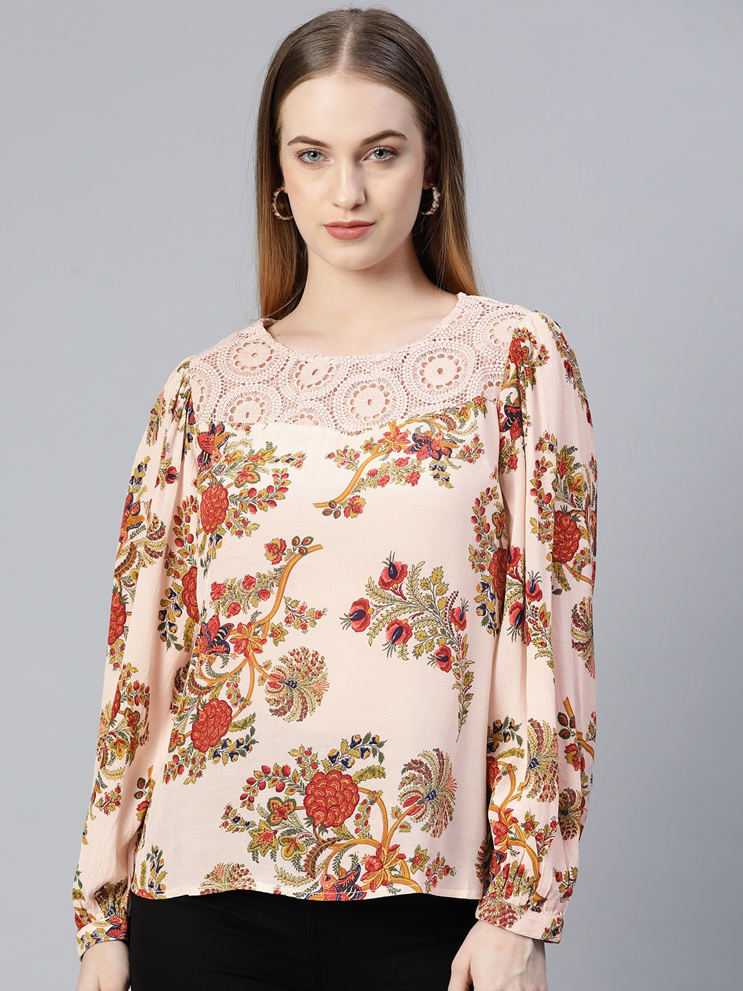Buy Marks & Spencer Cream Coloured & Red Floral Print Lace Detail Top ...