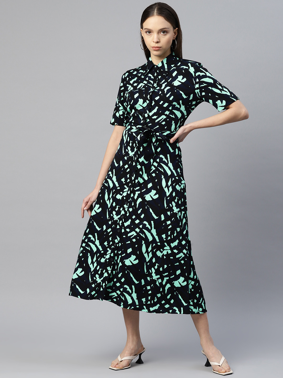 Buy Marks & Spencer Abstract Print Shirt Midi Dress With A Belt ...