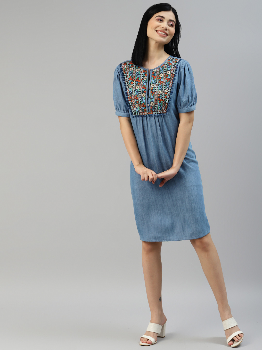 Buy Marks & Spencer Blue & Red Ethnic Motifs Embroidered A Line Dress ...