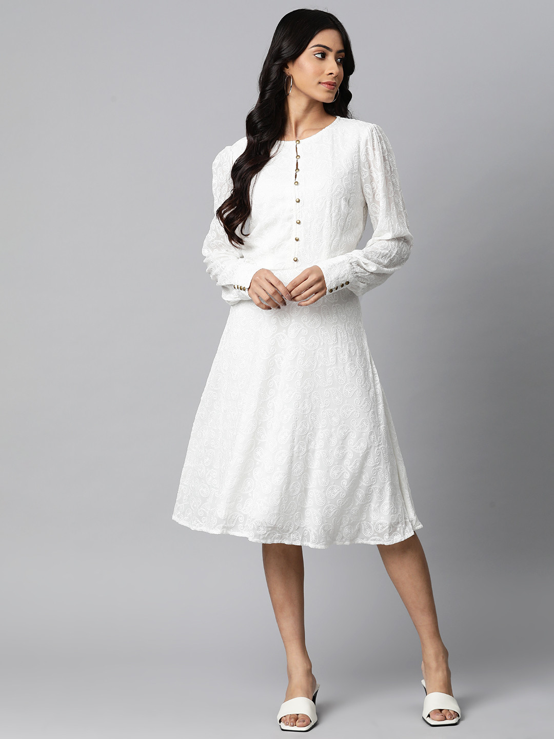 Buy Marks & Spencer Off White Ethnic Motifs Embroidered A Line Midi ...