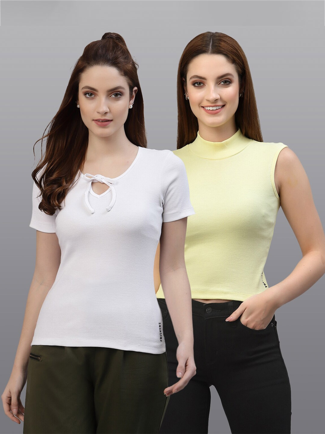 Buy Friskers Pack Of 2 Women White And Yellow Solid Keyhole Neck Top