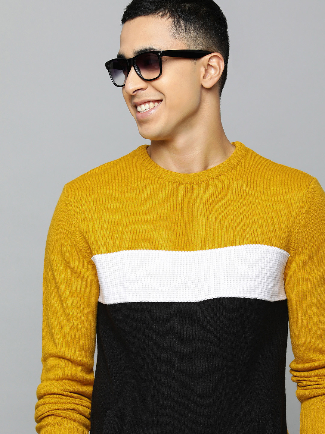 Buy Flying Machine Men Mustard & Black Colourblocked Pullover ...