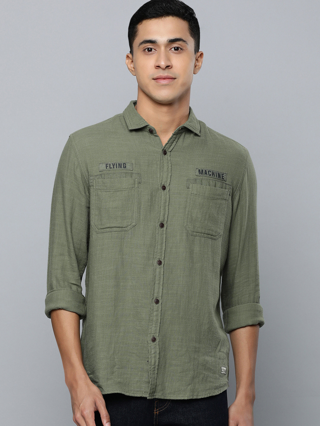 Buy Flying Machine Men Olive Green Solid Pure Cotton Slim Fit Casual ...