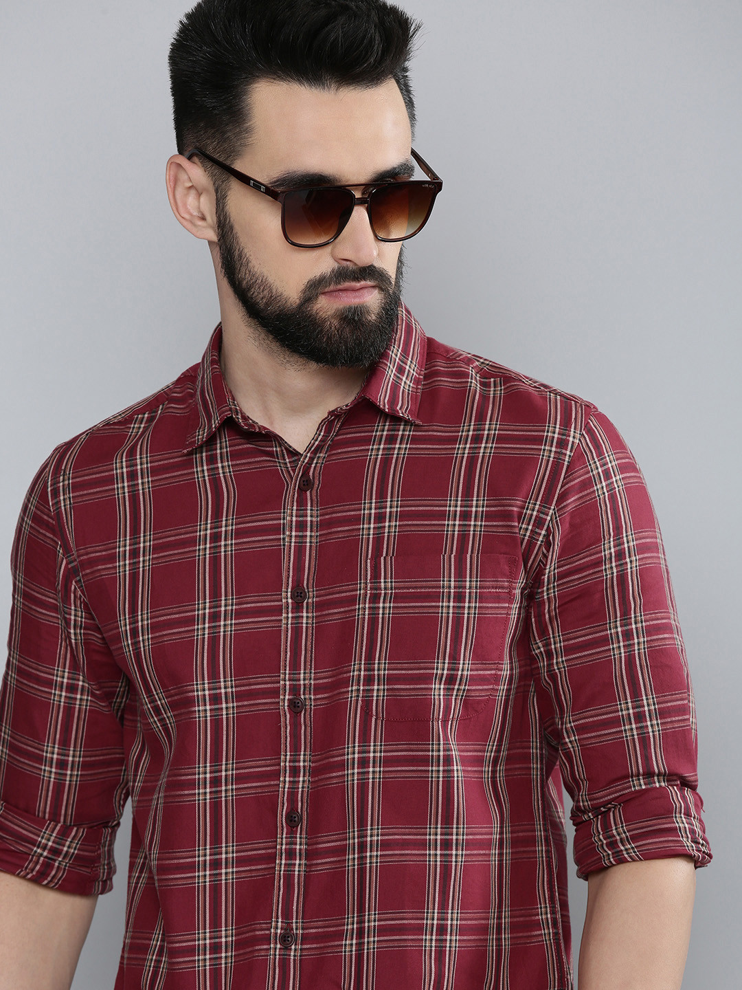 Buy Flying Machine Men Maroon Slim Fit Tartan Checked Casual Shirt ...